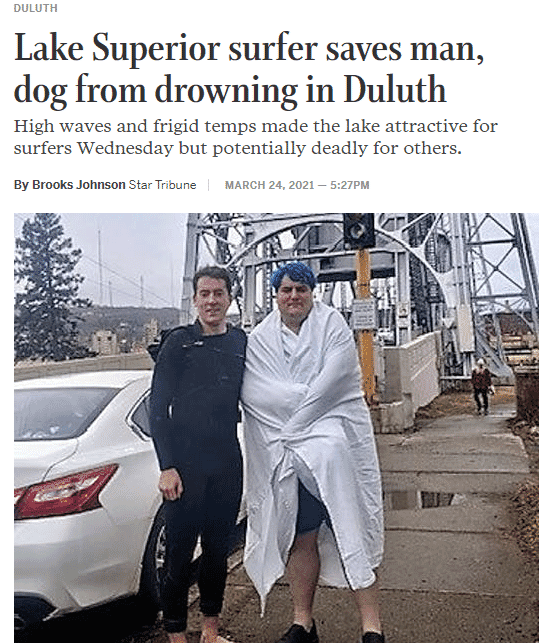 Duluth surfer saves man and dog in March - Song & Story Summit